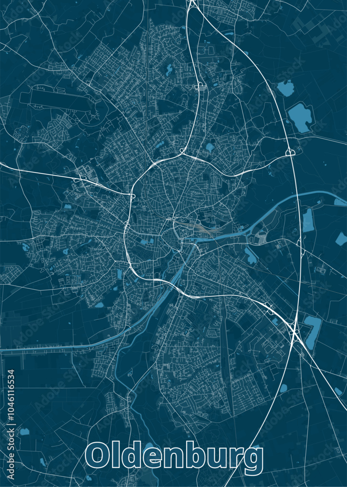 Map of Oldenburg, Germany, rendered in a minimalist style. The map ...