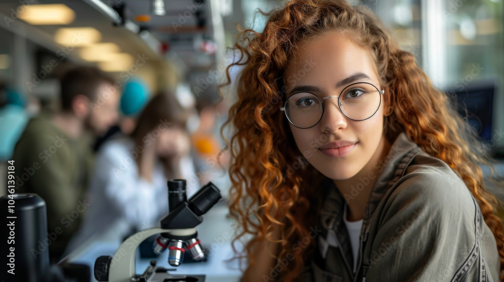 Young woman analyzing human brain microscope slide under microscope ...