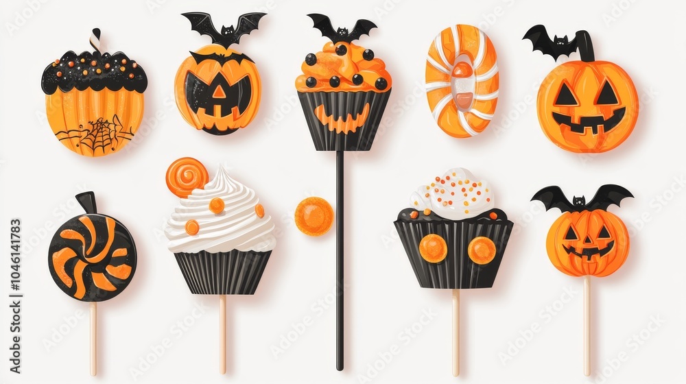 Collection of Halloween sweet candy cupcake cookie lollipop toffee ...
