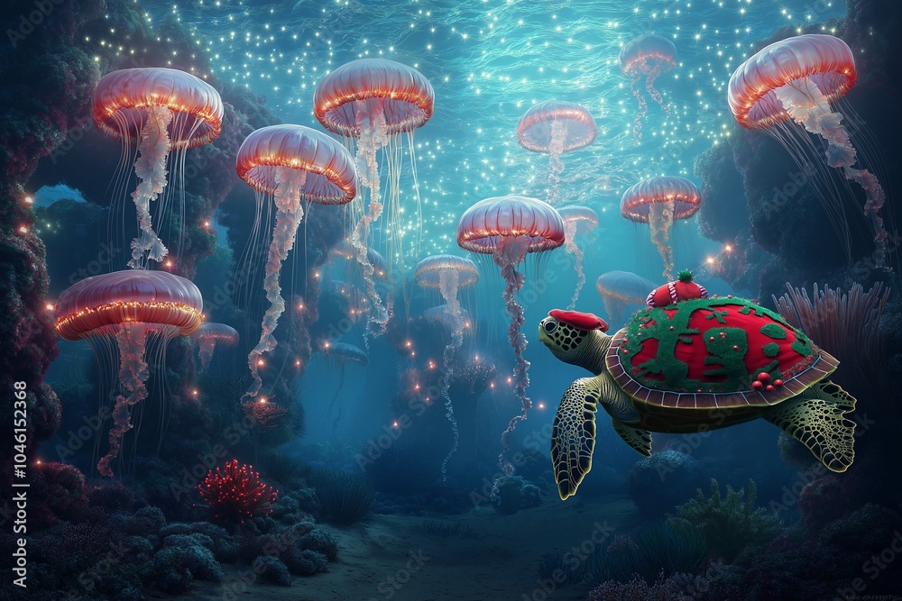 An underwater kingdom decorated for Christmas, with jellyfish floating ...