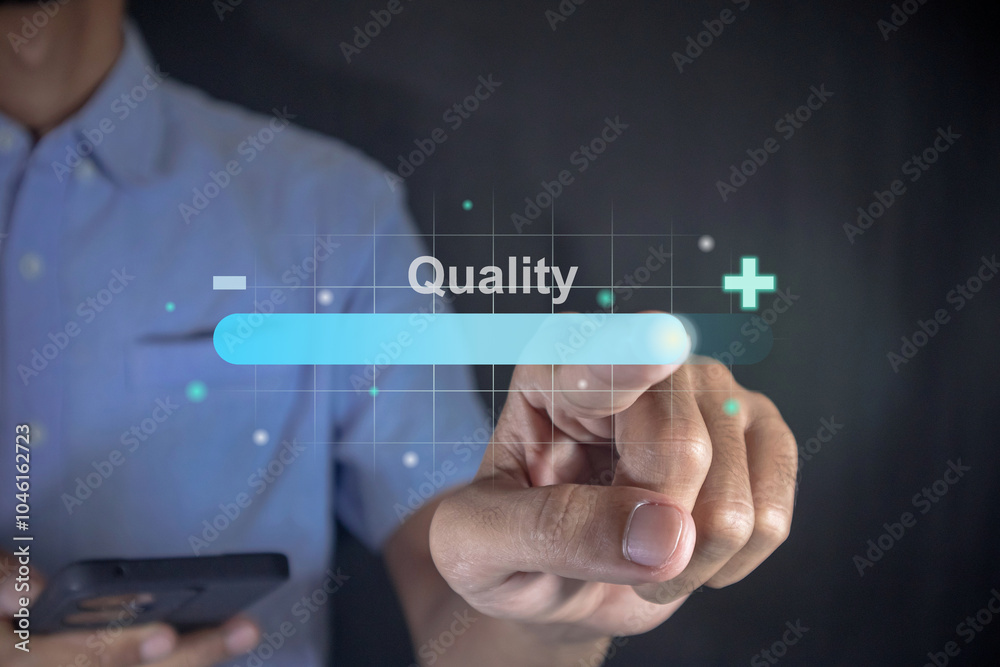 Man touching virtual status bar to maximize the quality. Quality ...