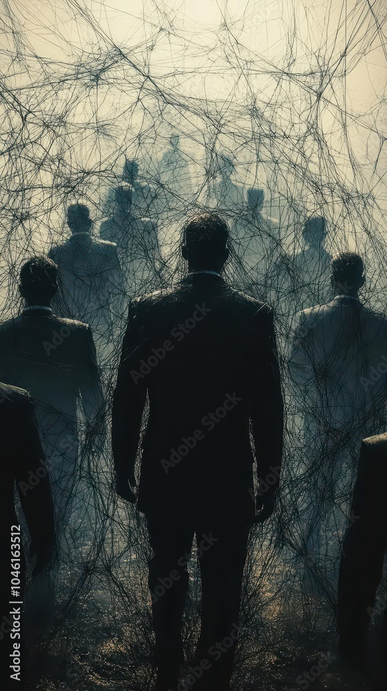 chaotic management illustration depicting a tangled web of ...