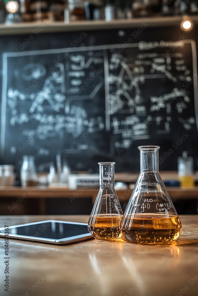 Chemistry lab setup with beakers and a tablet, complex equations on the ...