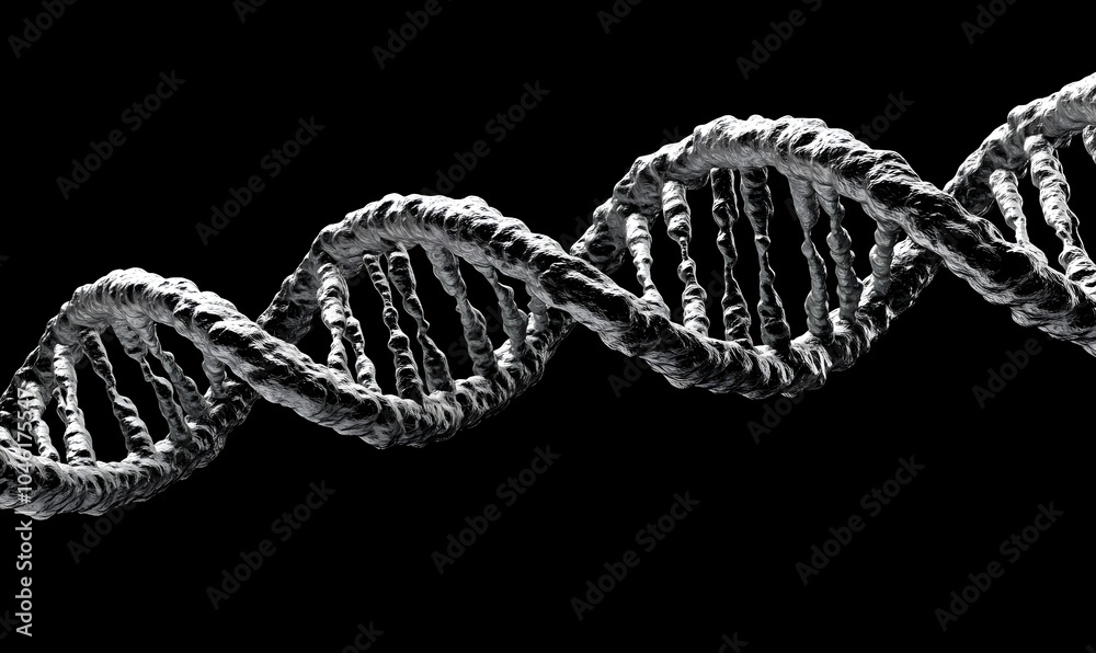 The DNA double helix features intertwining strands like a twisted ladder, with a sugar-phosphate ...