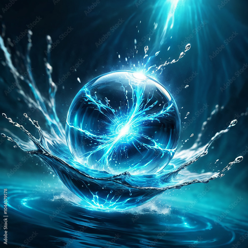 A glowing orb with a blue energy core sits inside a water splash, the ...