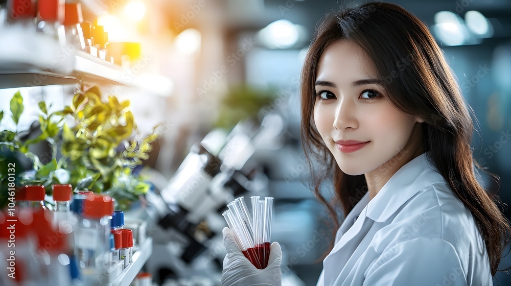 Asian woman working as a medical laboratory technician in a hospital ...