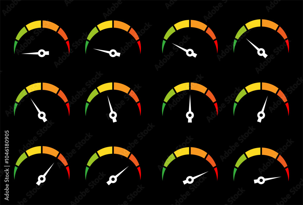 Speedometer, gauge meter icons. Vector scale, level of performance ...