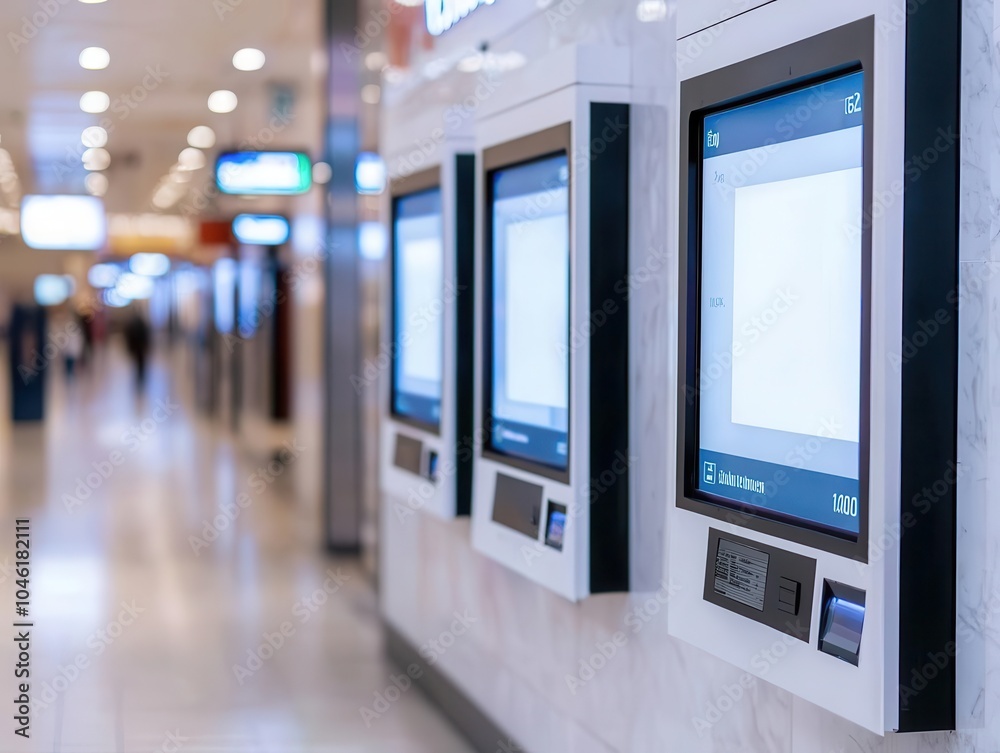 A currency exchange kiosk in a mall with screens displaying rates and ...