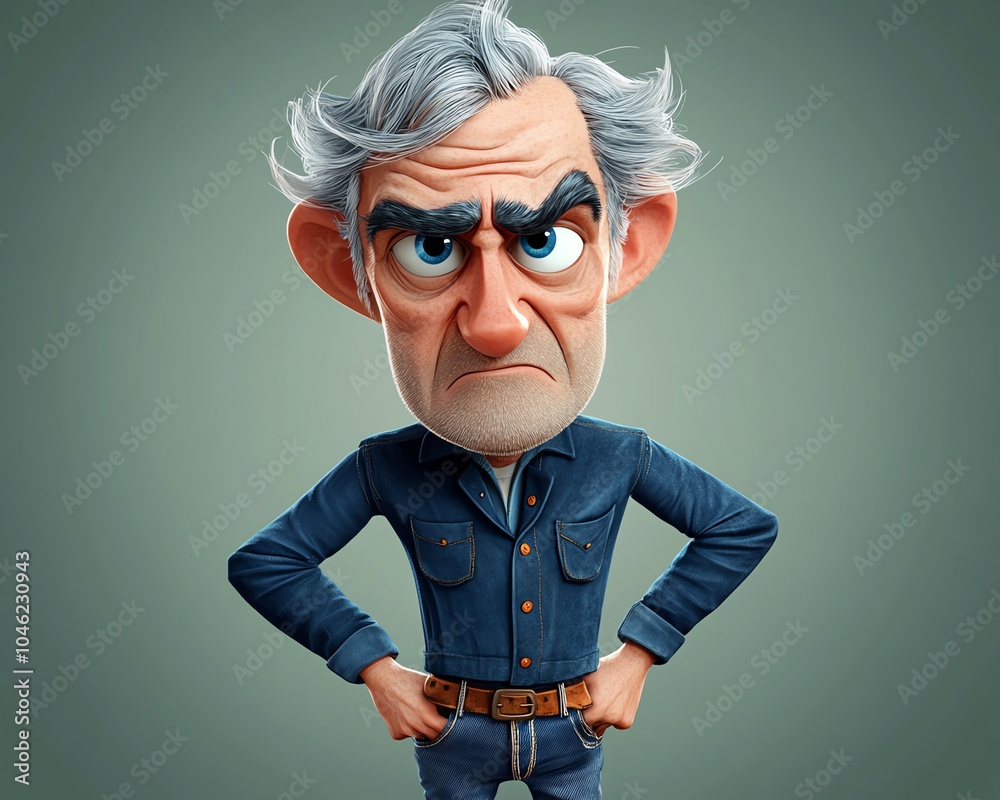 Grumpy cartoon man with grey hair and blue eyes, wearing a blue jacket ...