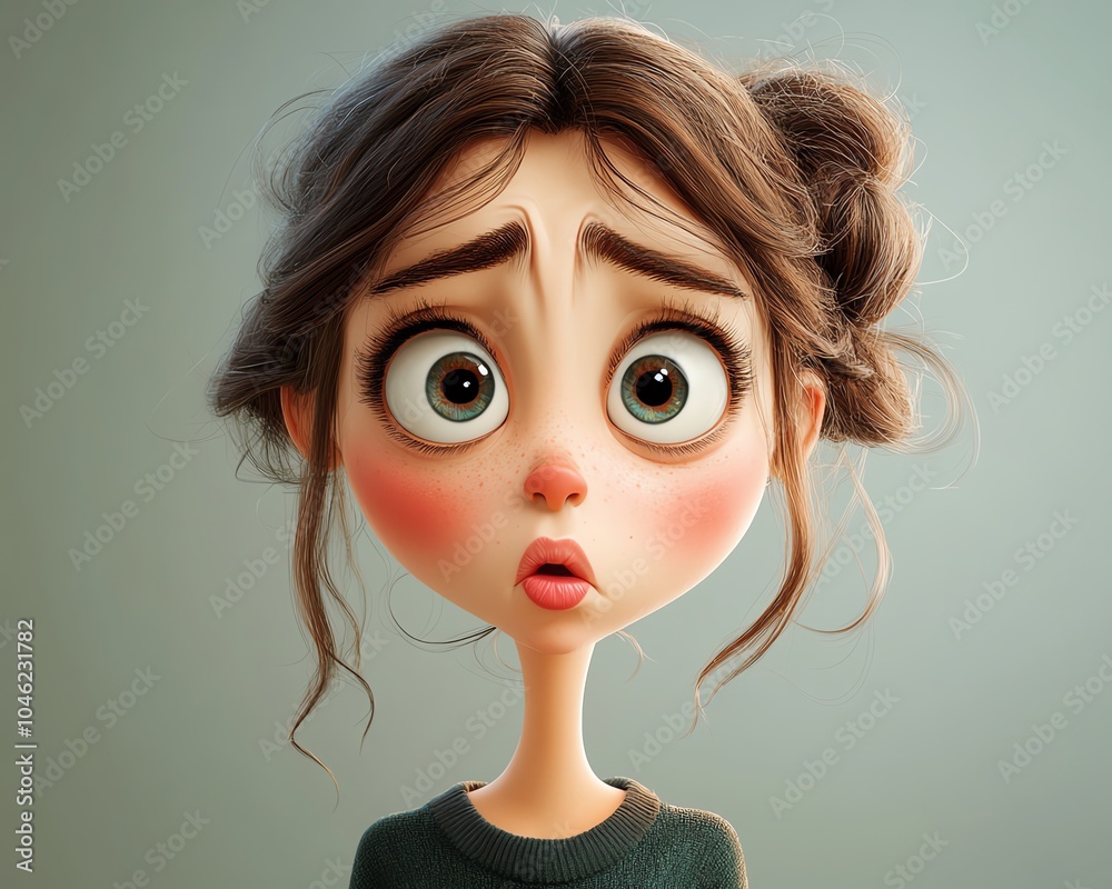 Worried cartoon woman with oversized eyes, pouting with a forlorn ...