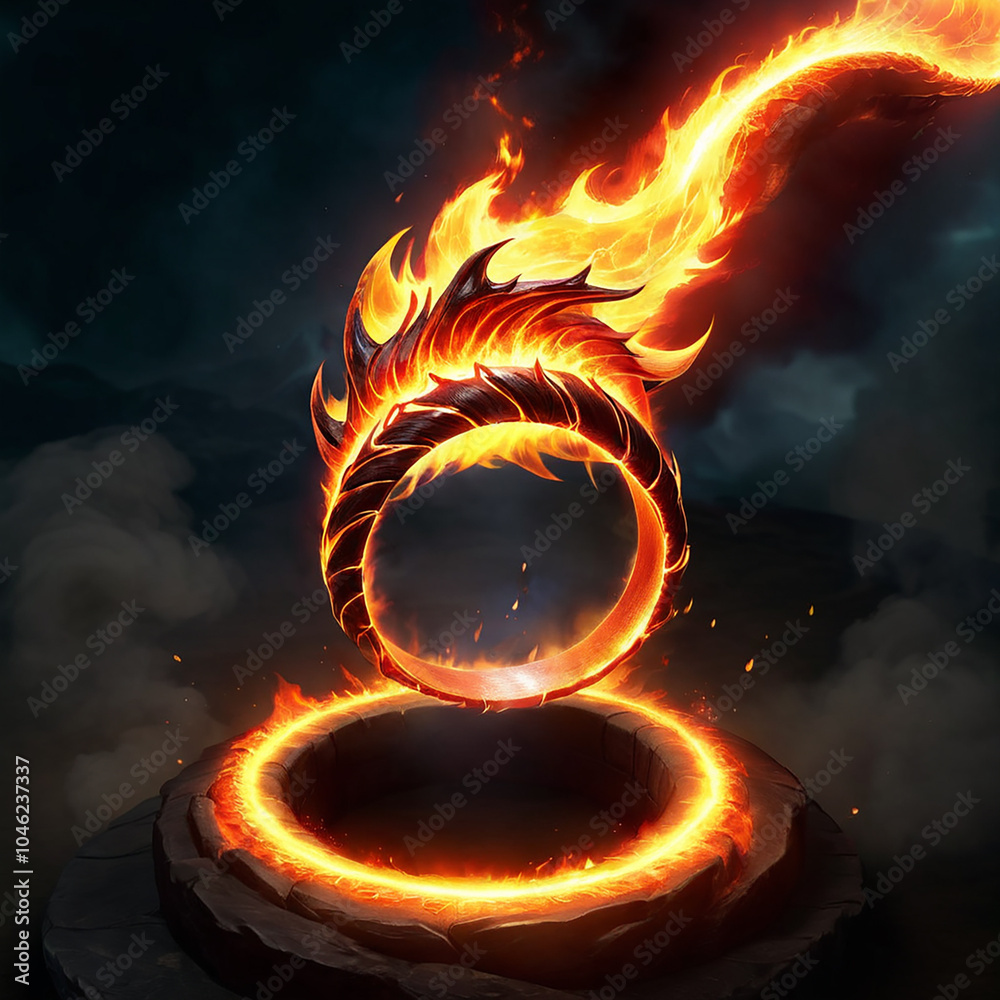 A flaming ring with intricate spikes, hovering above a stone platform ...