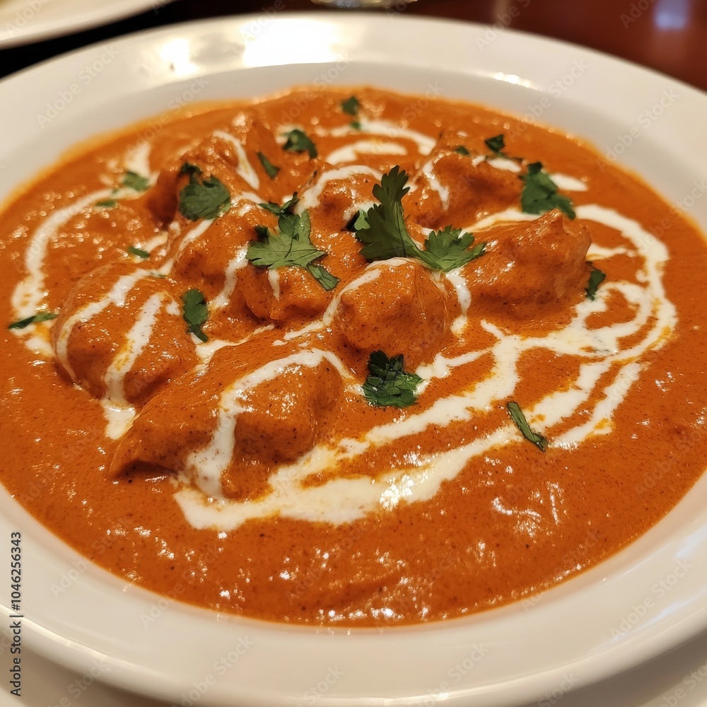 A tempting plate of Indian butter chicken, tender chicken simmered in a ...