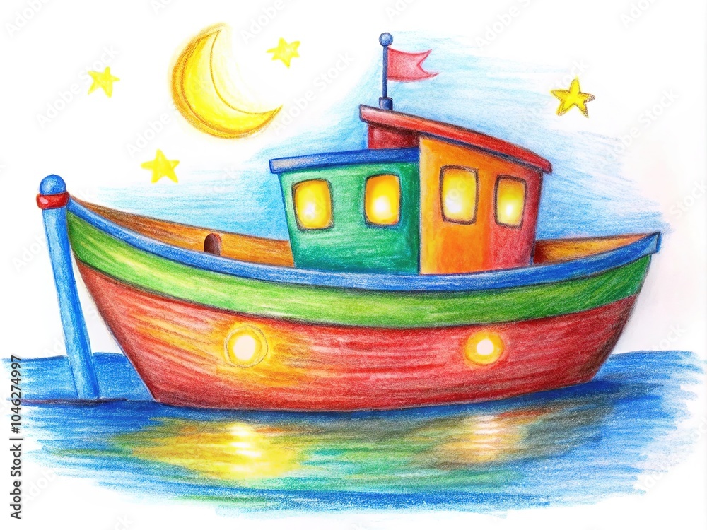 Brightly colored crayon rendering of a whimsical boat sails through a ...