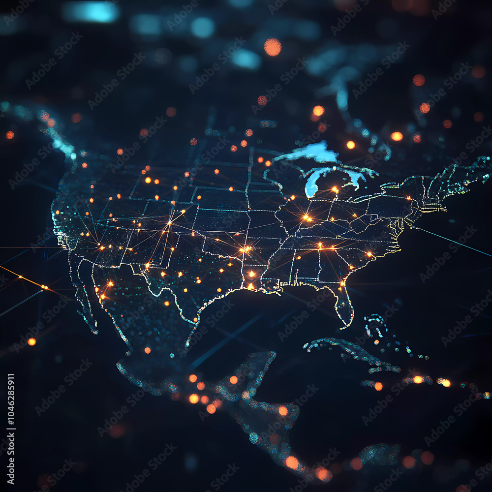 Digital map of USA, concept of North America global network and ...