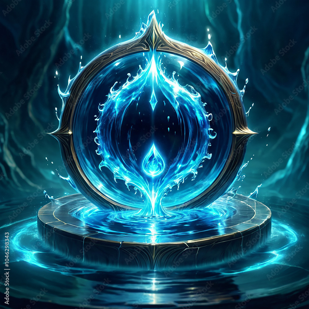 A glowing blue orb, emanating energy and held aloft by a golden frame ...