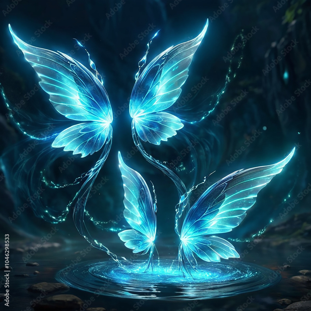 Three ethereal, glowing blue butterflies with delicate wings emerge ...
