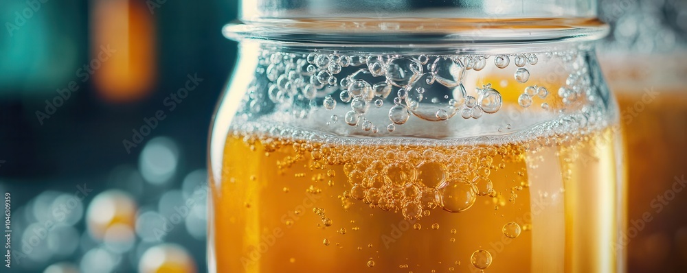 Enzyme reaction in clear glass jar, bubbles forming on surface, food ...