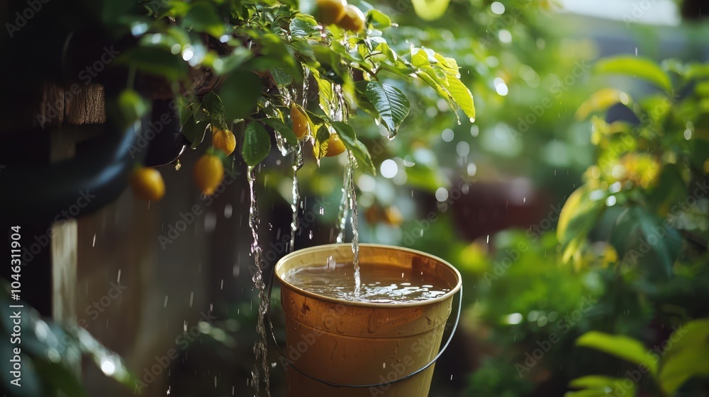 Household using a bucket to collect rainwater from a downspout, eco ...