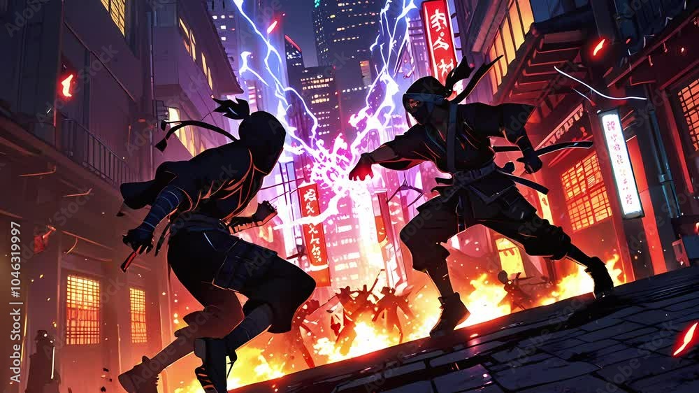 Two male ninjas prepare for battle in a vibrant cityscape, illuminated ...