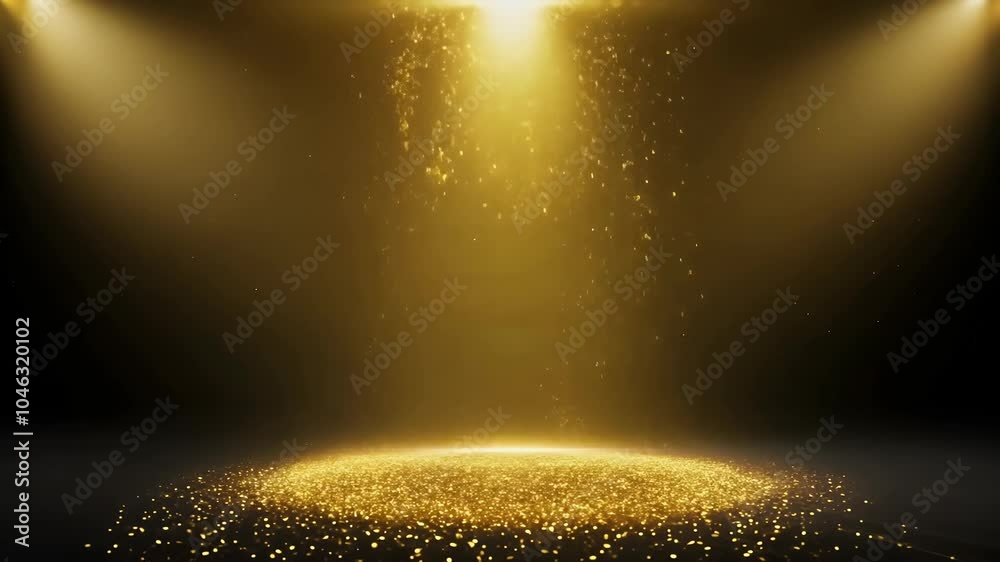 4K looping video features spotlight casting golden rays particles empty ...
