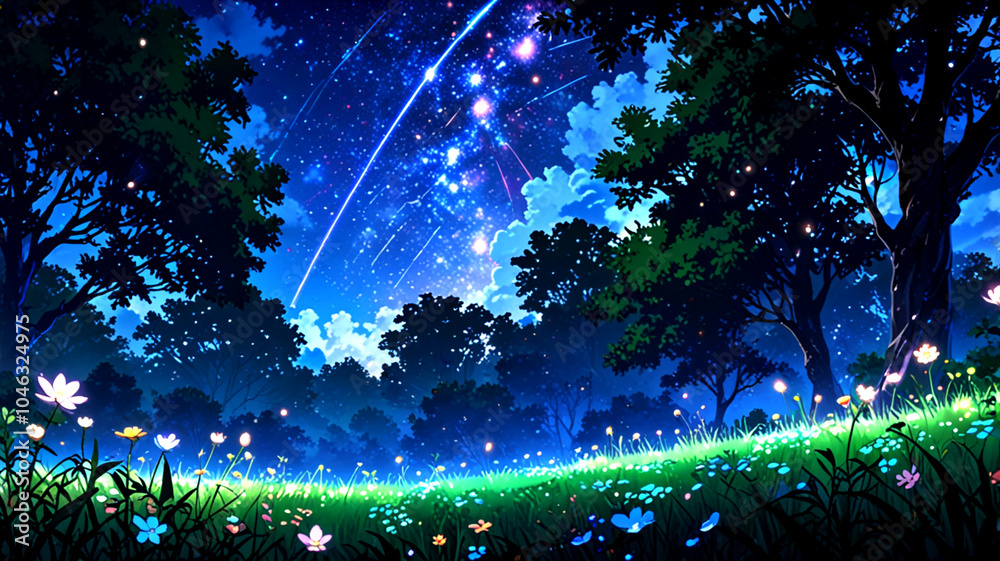 Enchanting Night Sky with Meteor Shower and Glowing Fireflies in a ...