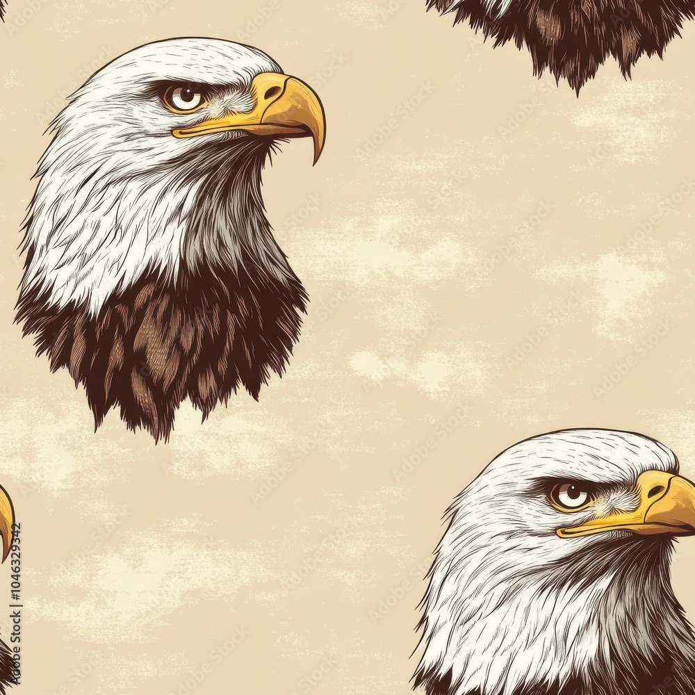 Vintage eagle head pattern on vintage beige fabric background, seamless ...