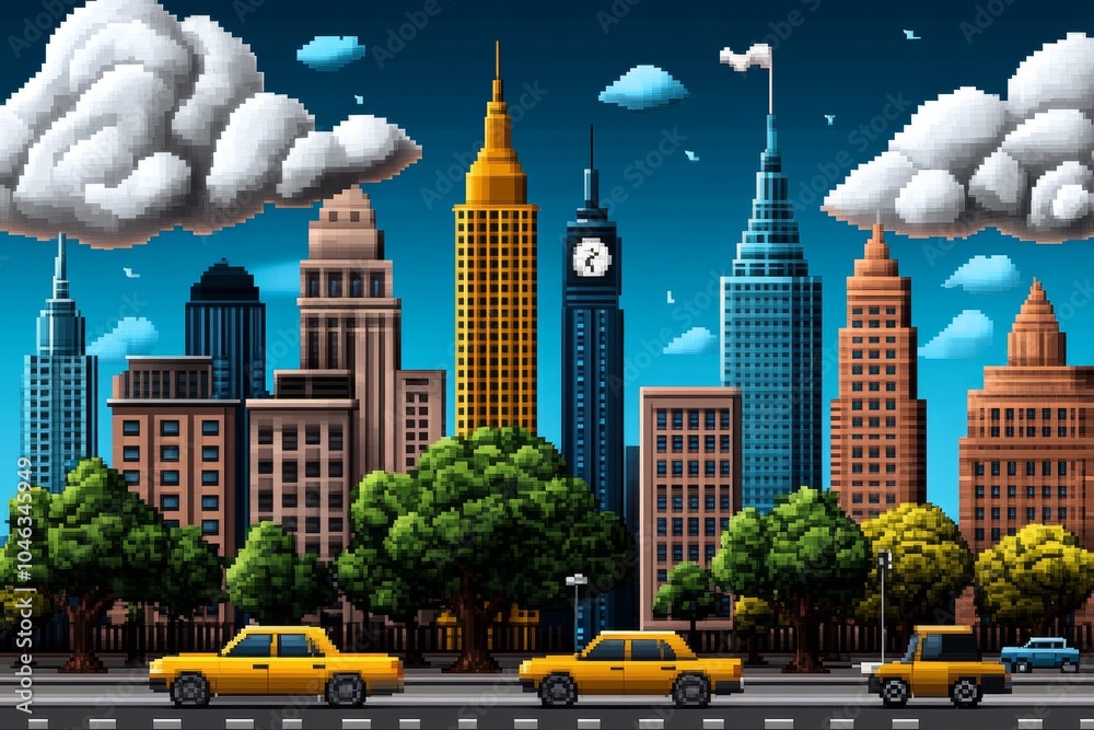 Pixel art of a retro city skyline with pixelated skyscrapers, tiny cars ...