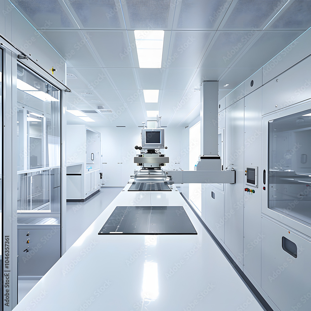 wide shot of bright advanced semiconductor production fab cleanroom ...