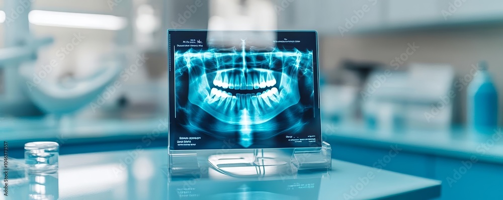 Advanced digital dentistry, holographic tooth x-ray, blue futuristic ...