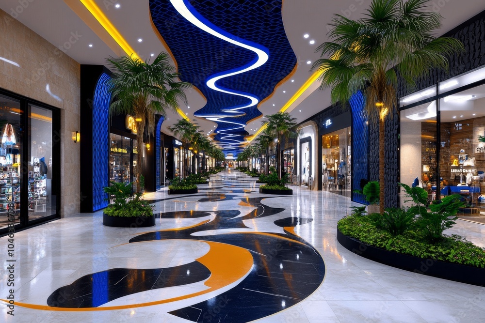 3D rendering of a sprawling, multi-level shopping mall with bright ...