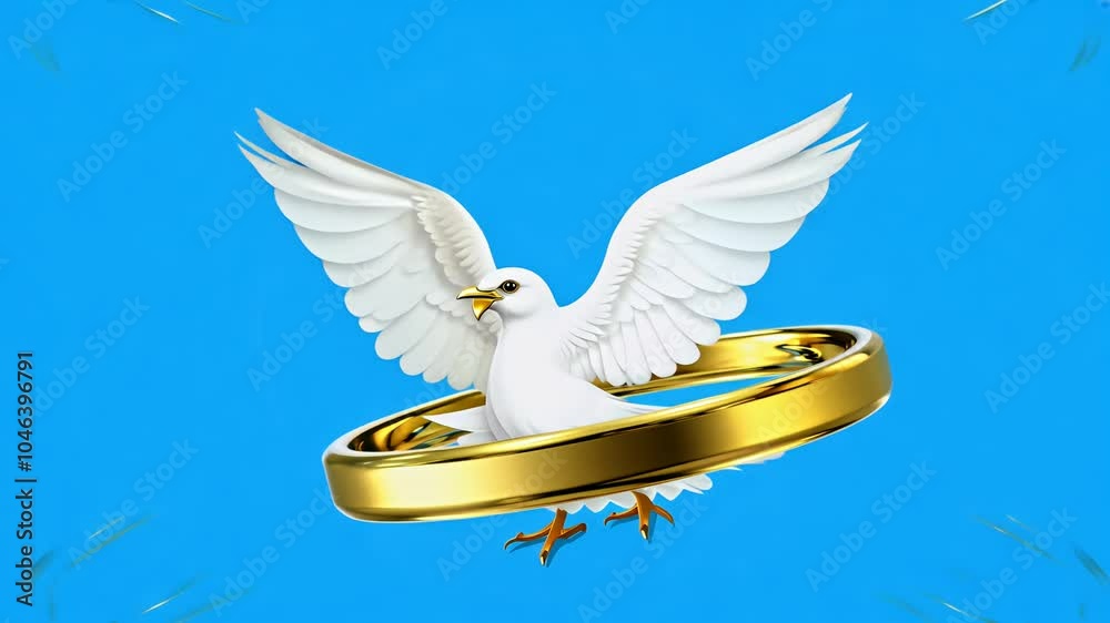 realistic 3D animation 4K white dove carrying two golden dding rings ...