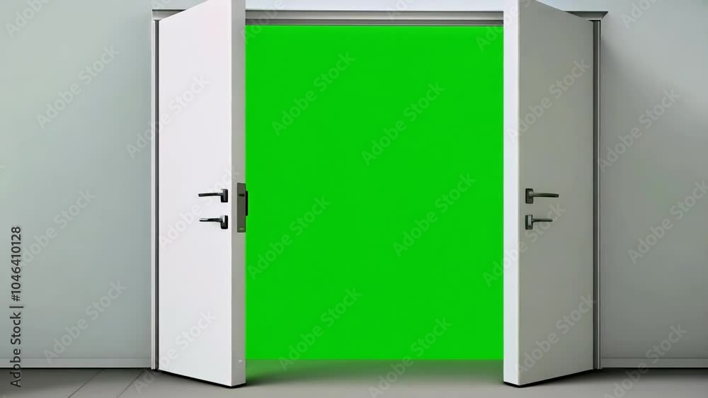 4K animation white door opening reveal green screen background offering ...