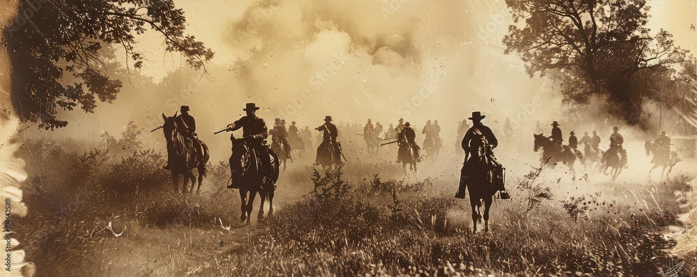 Vintage battle scene with soldiers marching through smoke and chaos in ...