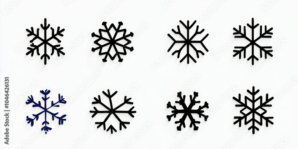 Set of 8 Simple Black Snowflake Icons on White Background - Vector ...
