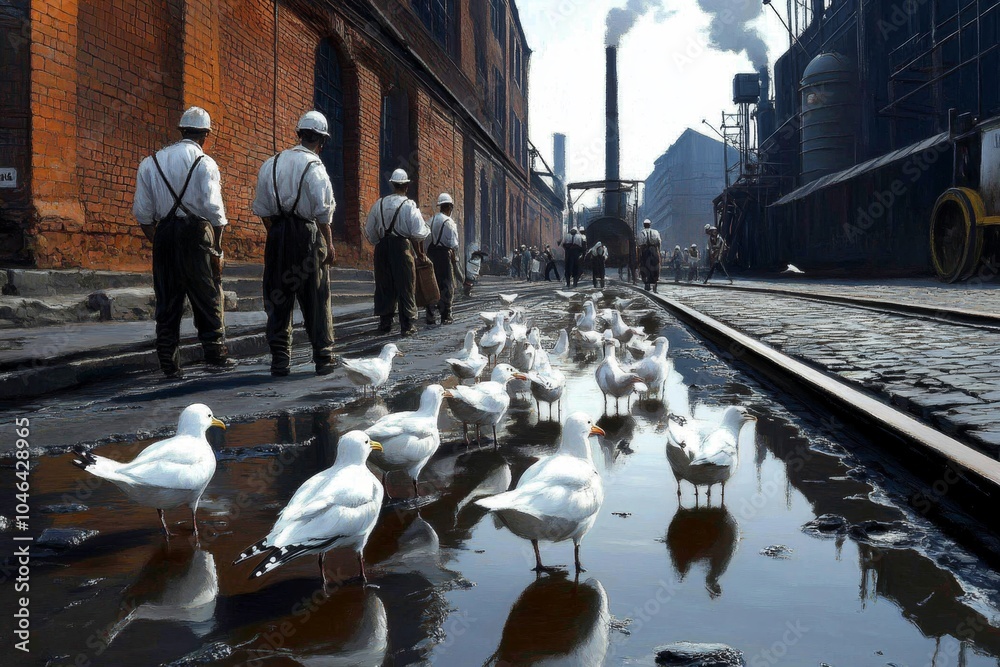 Retro depiction of a 1920s oil spill, with workers struggling to ...