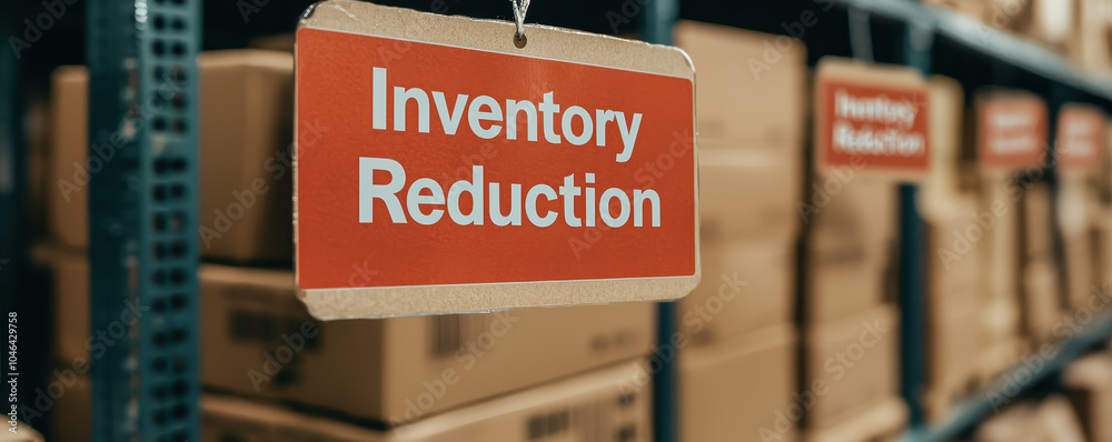 Inventory reduction signs hang prominently in warehouse, indicating ...