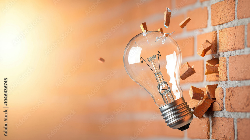 Shattered lightbulb breaking through a brick wall with flying debris ...
