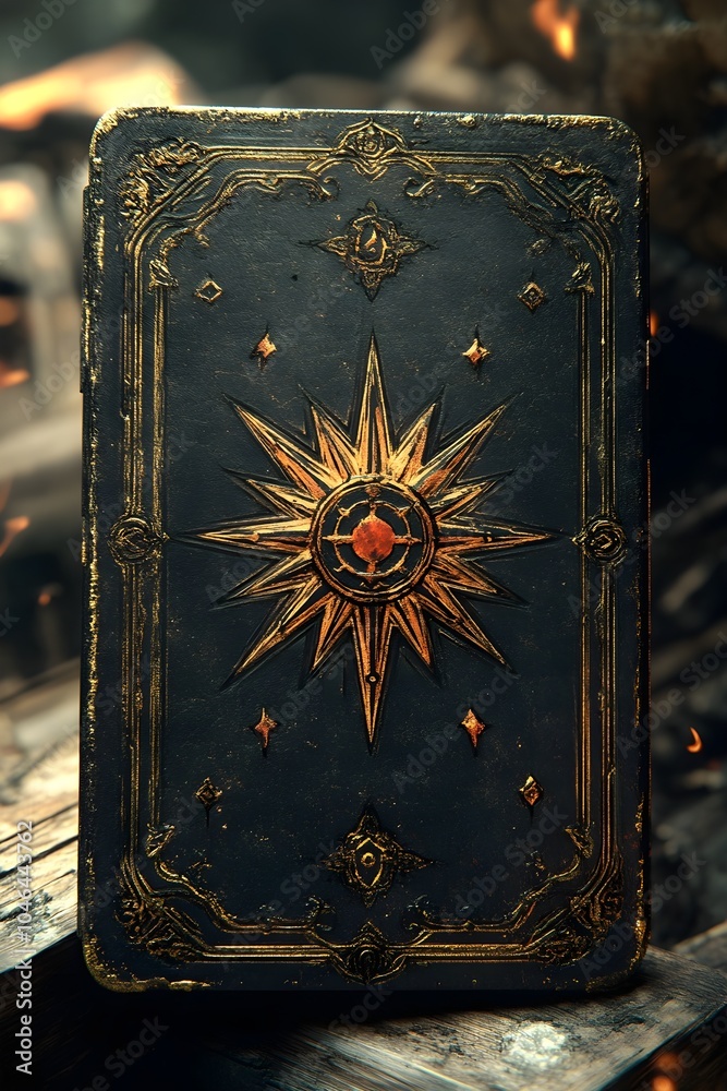 The backside of a card game features a dark, simple design in a fantasy ...