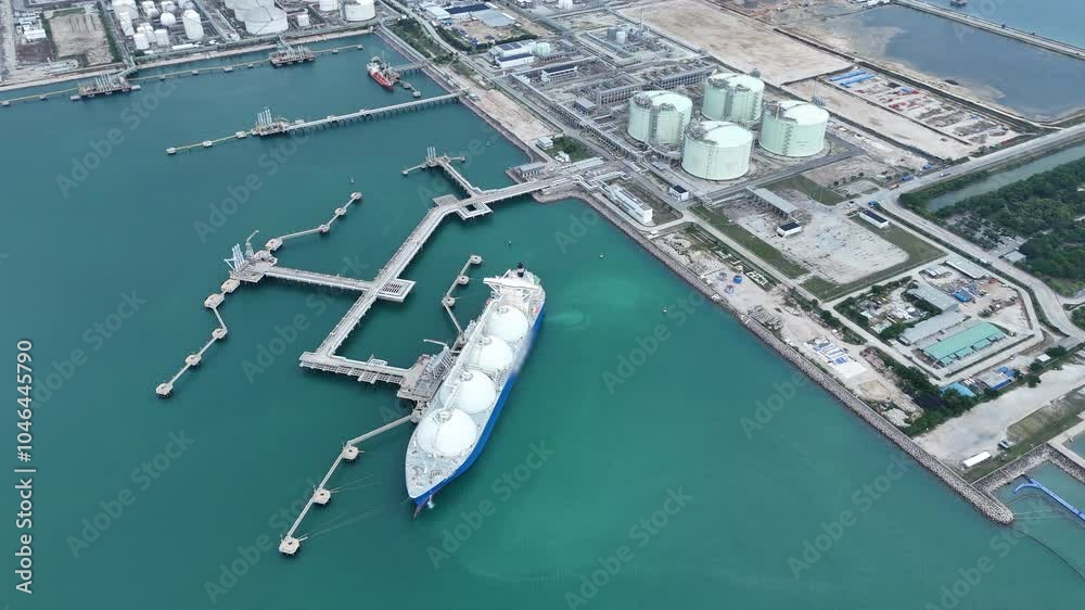 LNG (Liquified Natural Gas) tanker anchored in Gas terminal gas tanks ...