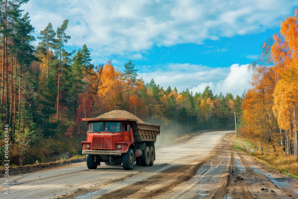 Heavy dump truck hauling sand on narrow countryside road in autumn ...
