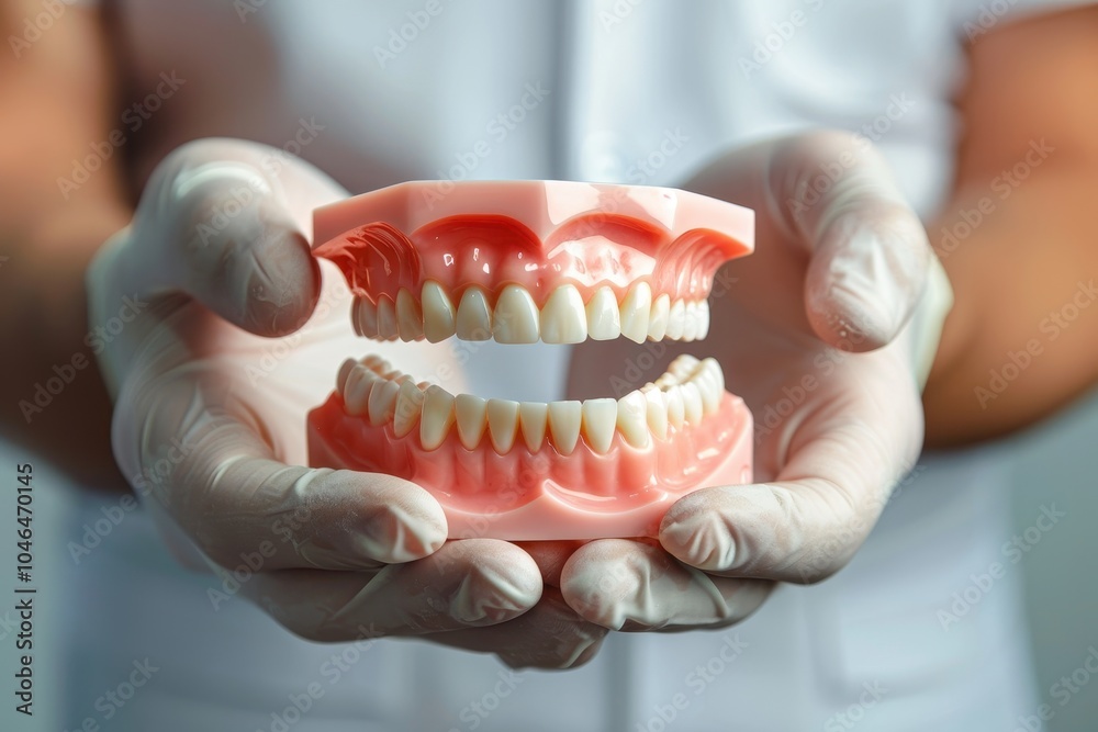 Orthopedic dentist showcases dentures Multiple dentures held by doctor ...