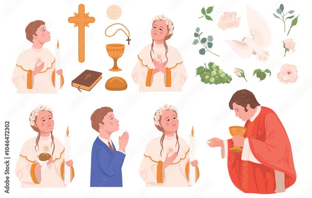 Vector set of First Communion clip art. Boy and girl praying, priest ...