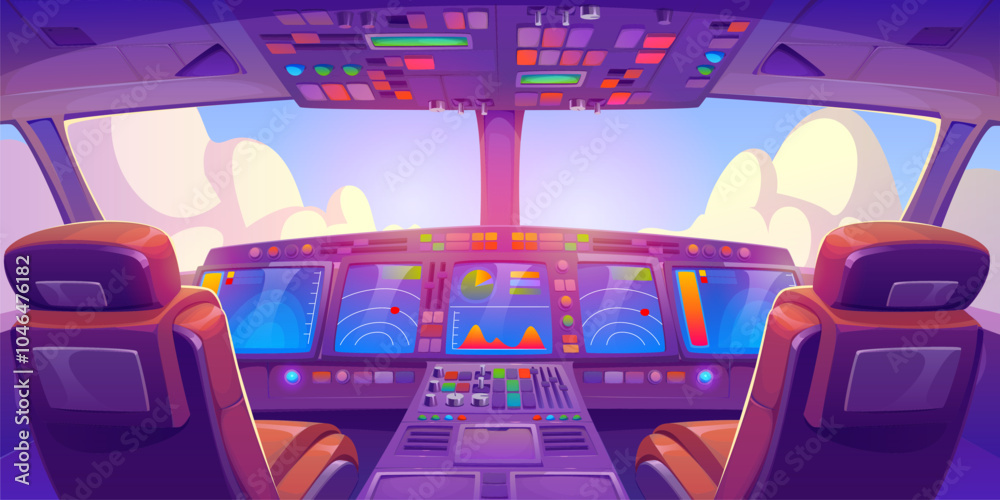 Airplane cockpit, pilot cabin interior with flight deck dashboard with ...