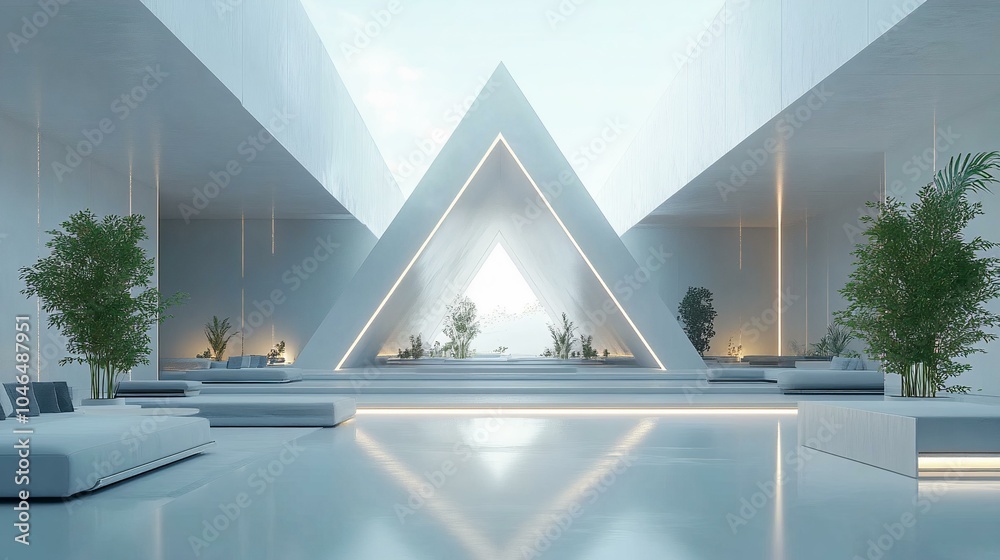 Futuristic interior design featuring a triangular light installation in ...