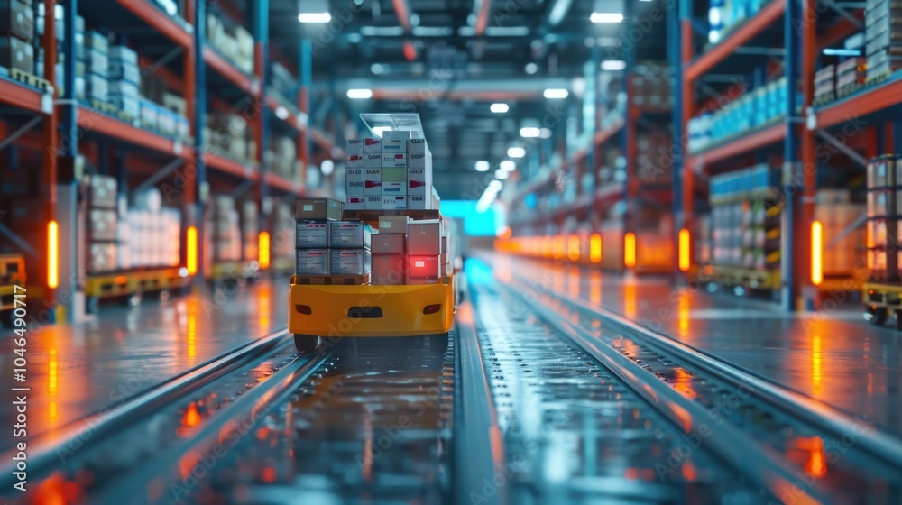 Automated Warehouse Robot Carrying Boxes Along Aisle in Modern Facility Stock Photo | Adobe Stock