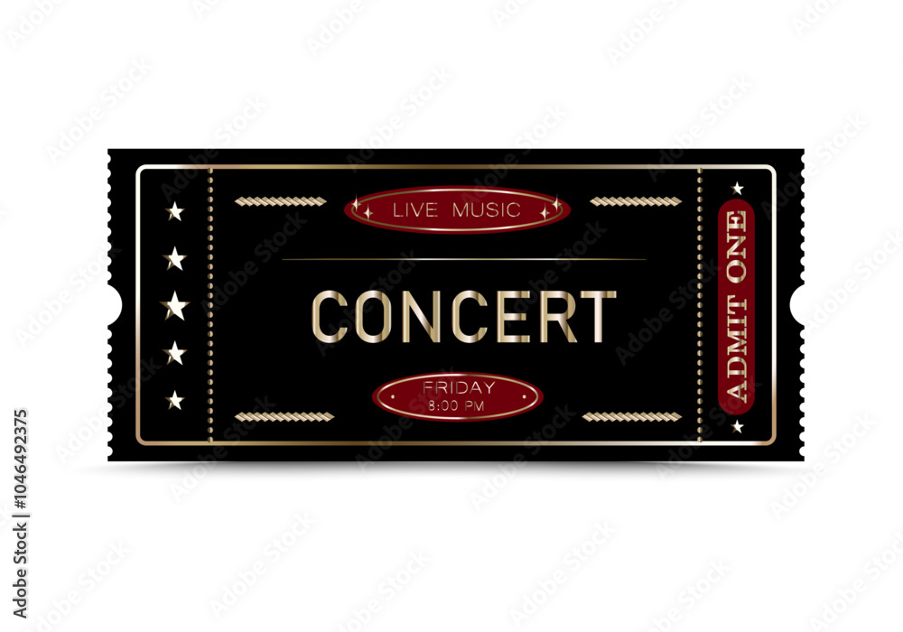 Concert ticket. Ticket template with gold font. Entrance ticket ...