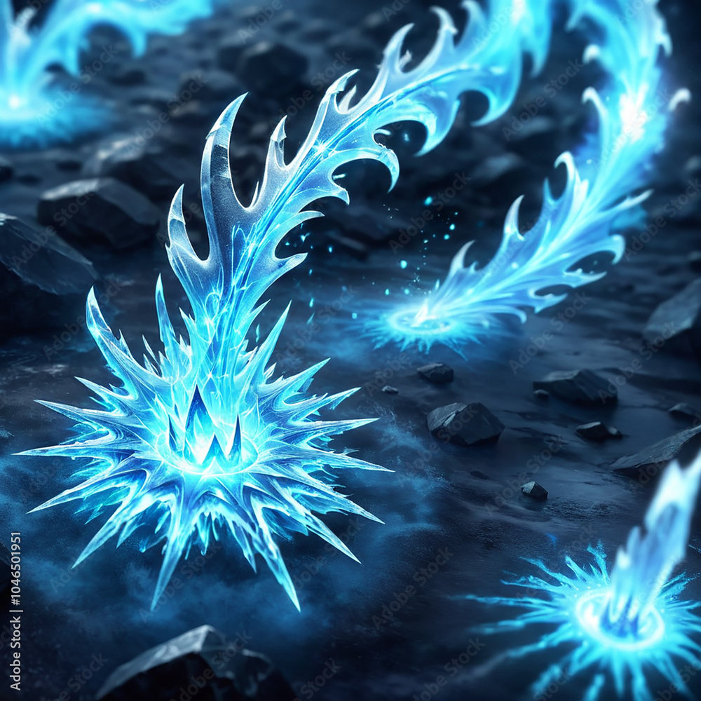 A glowing blue magical energy erupts from the ground, forming ...