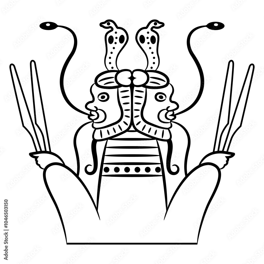 Ancient Egyptian god Bes with snakes. Two headed seated serpent deity ...