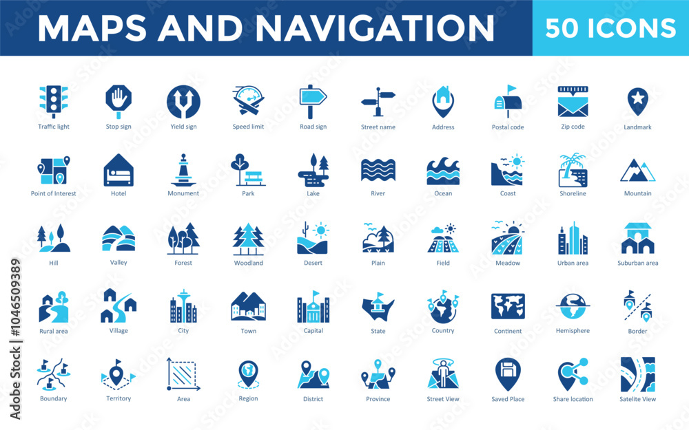 Maps and Navigation icon set with traffic light, stop sign, yield sign ...