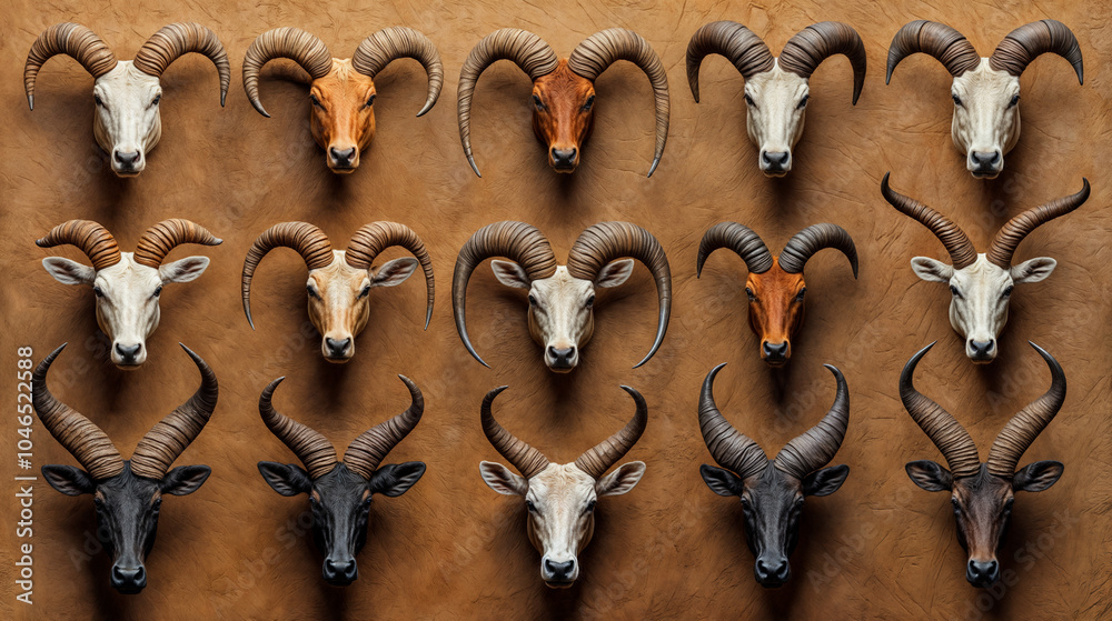 Collection of fifteen mounted animal heads with horns, arranged in five ...